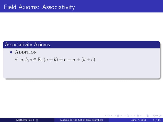 Math 4 axioms on the set of real numbers | PDF