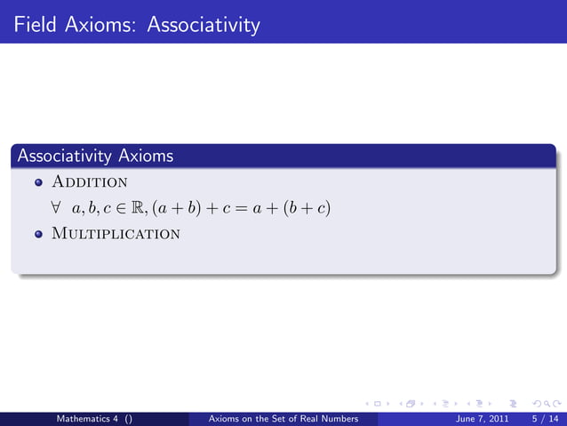 Math 4 axioms on the set of real numbers | PDF