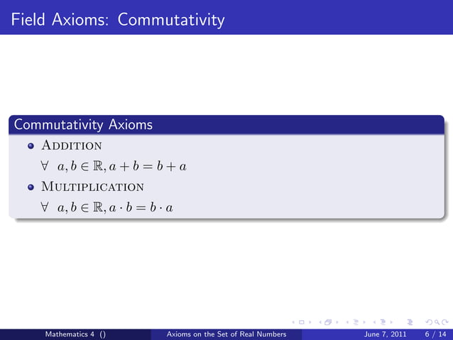 Math 4 axioms on the set of real numbers | PDF