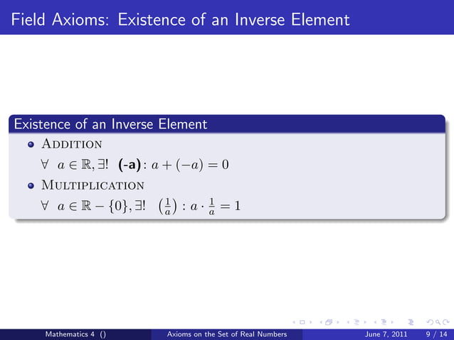 Math 4 axioms on the set of real numbers | PDF