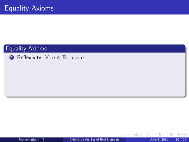 Math 4 axioms on the set of real numbers | PDF