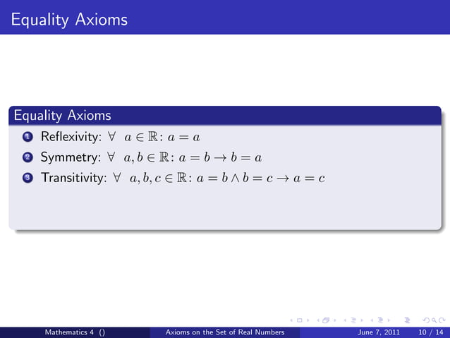 Math 4 axioms on the set of real numbers | PDF