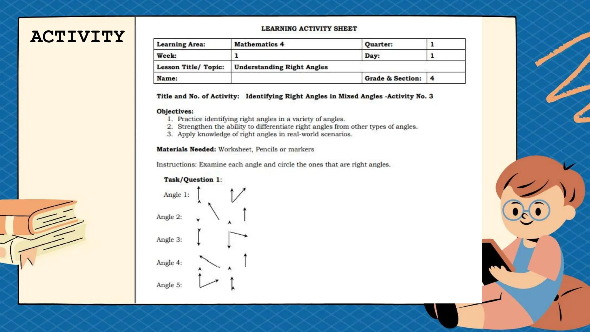 MATH 4_Q1_WEEK1-Illustrate different angles (right, acute, and obtuse) using models. | PPTX