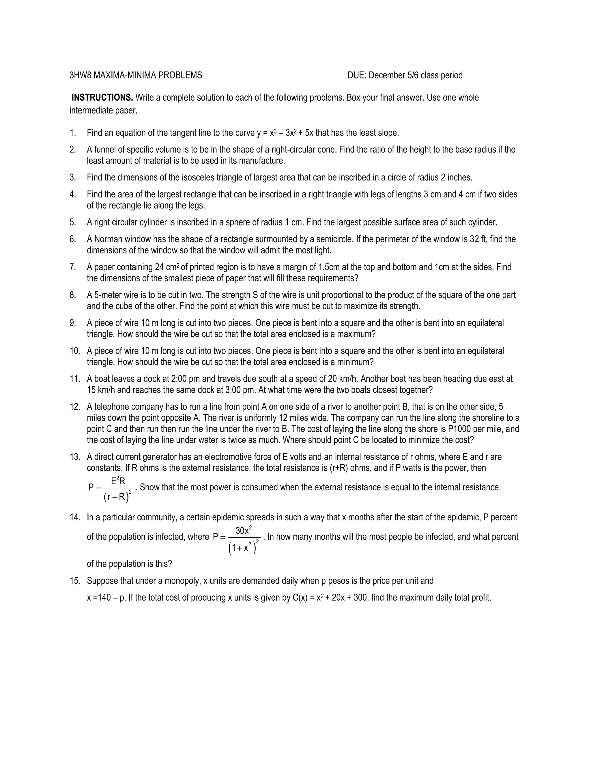 Math 5 3-hw7 and 8 - maxima-minima problems | PDF