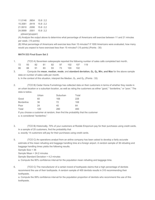 Math 533 ( applied managerial statistics ) final exam answers | PDF