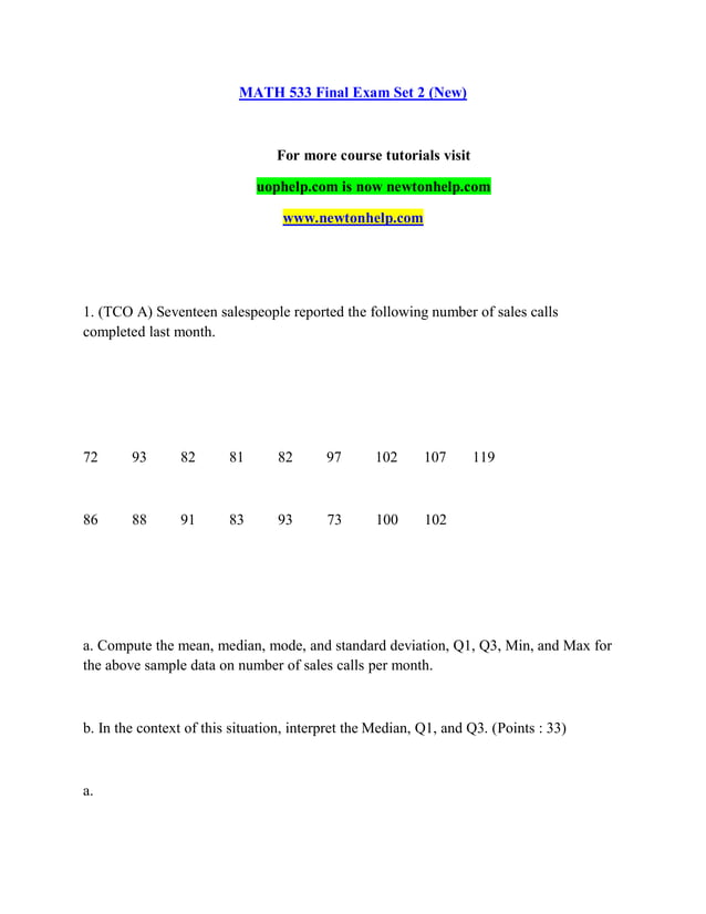 Math 533 final exam set 2 | PDF