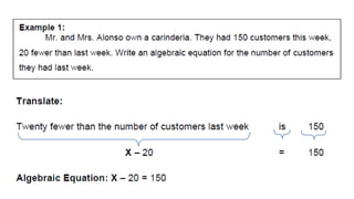 Representing Quantities in Real-life Situations using Algebraic Equation | PPTX