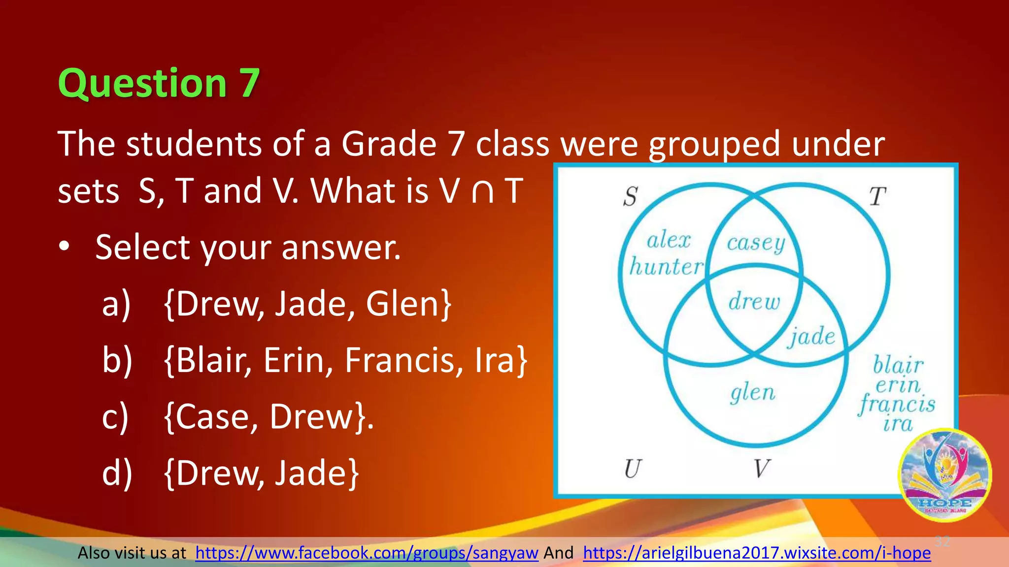 Math 7 | Lesson 2 Set Operations and the Venn Diagram | PPTX