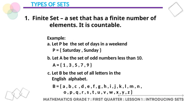 Mathematics Grade 7 Lesson 2 Sets and Subsets | PPT