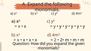 MATH 8 Q1 LESSON 3-Multiply and divide simple monomials, leading to the ...