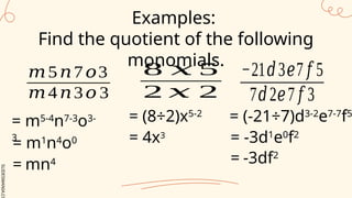 MATH 8 Q1 LESSON 3-Multiply and divide simple monomials, leading to the ...