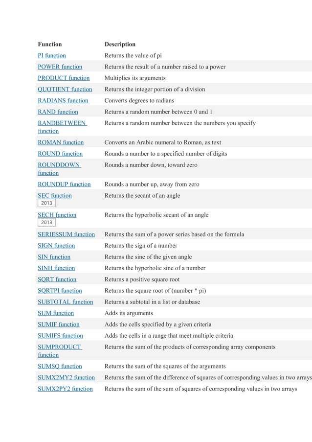 Math and trigonometry functions | PDF