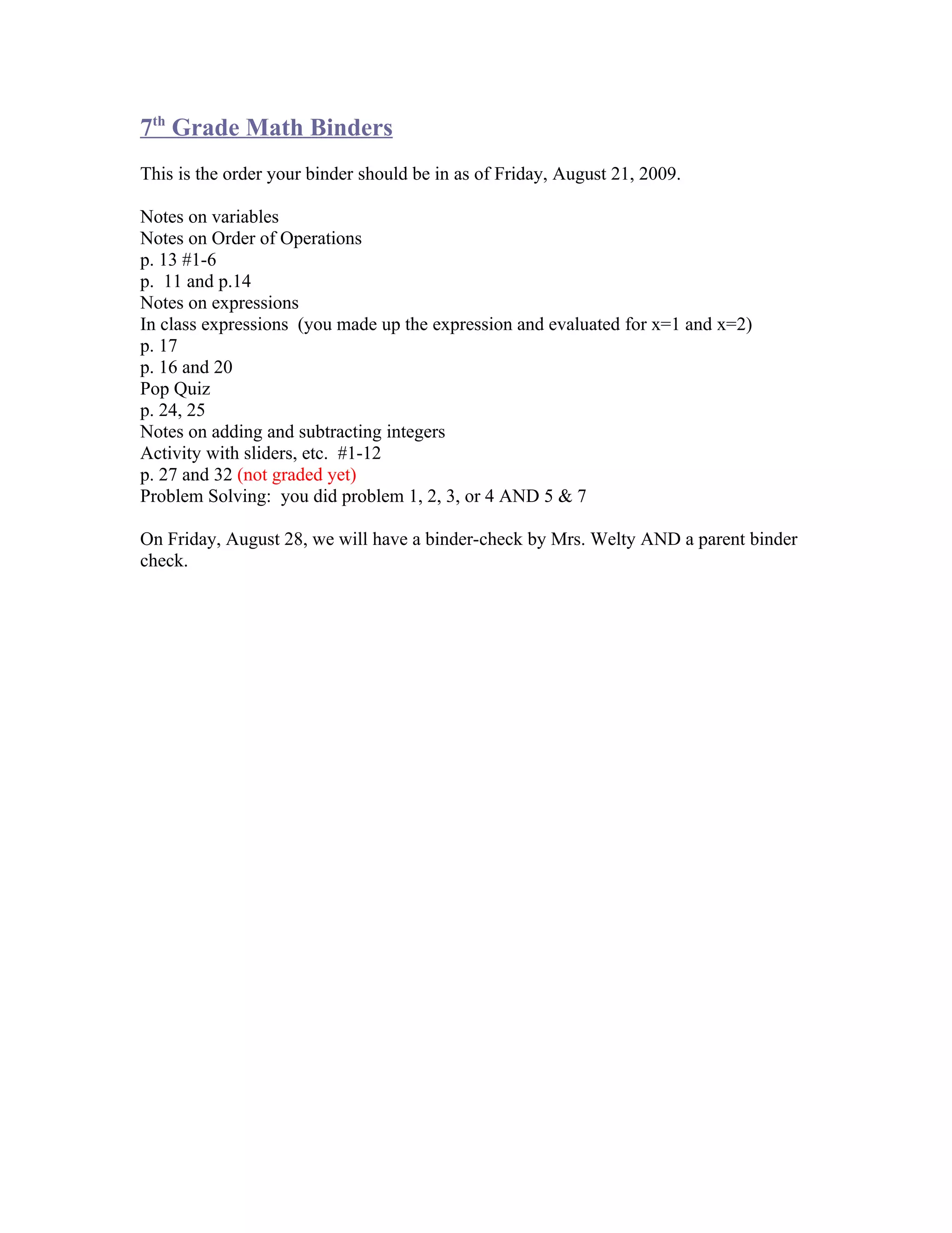 Math Binder 7th | DOC