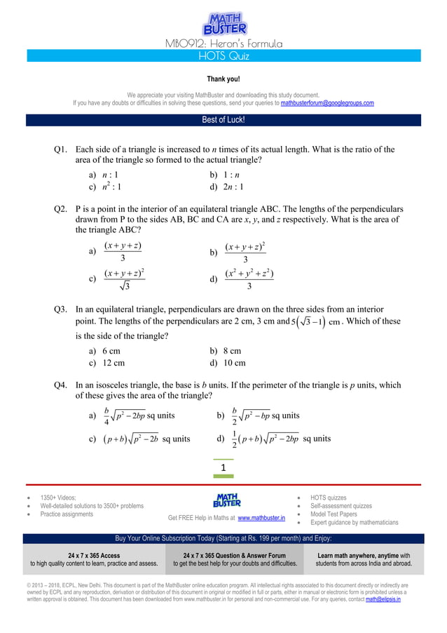 MathBuster HOTS Quiz CBSE Class 9 Chapter 12 | PDF | Educational ...