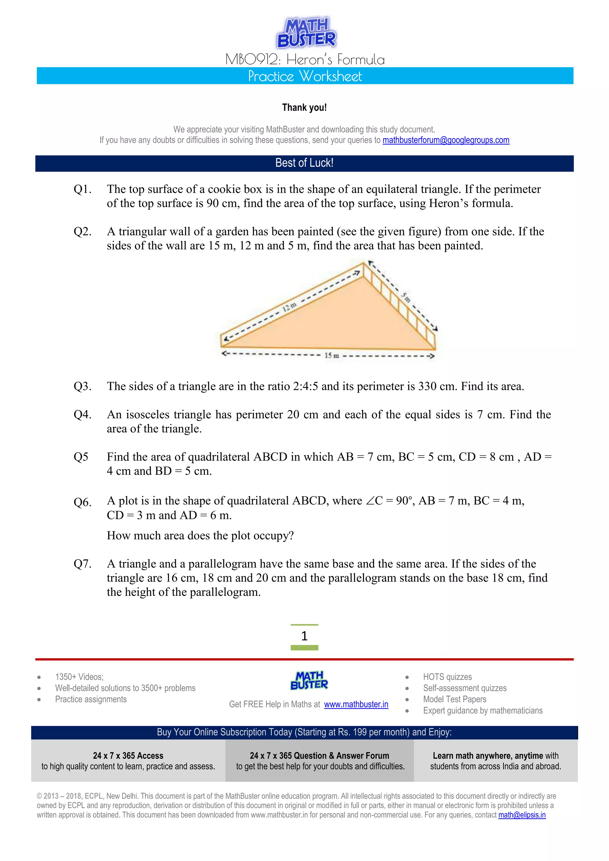 MathBuster Practice Worksheet CBSE Class 9 Chapter 12 | PDF