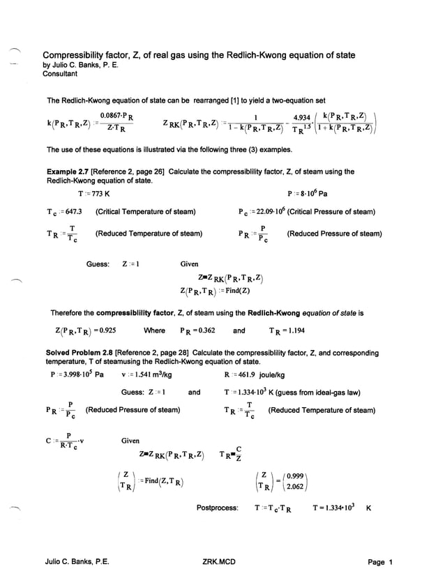 Math cad compressibility factor, z, of real gas using the redlich-kwong equation of state | PDF
