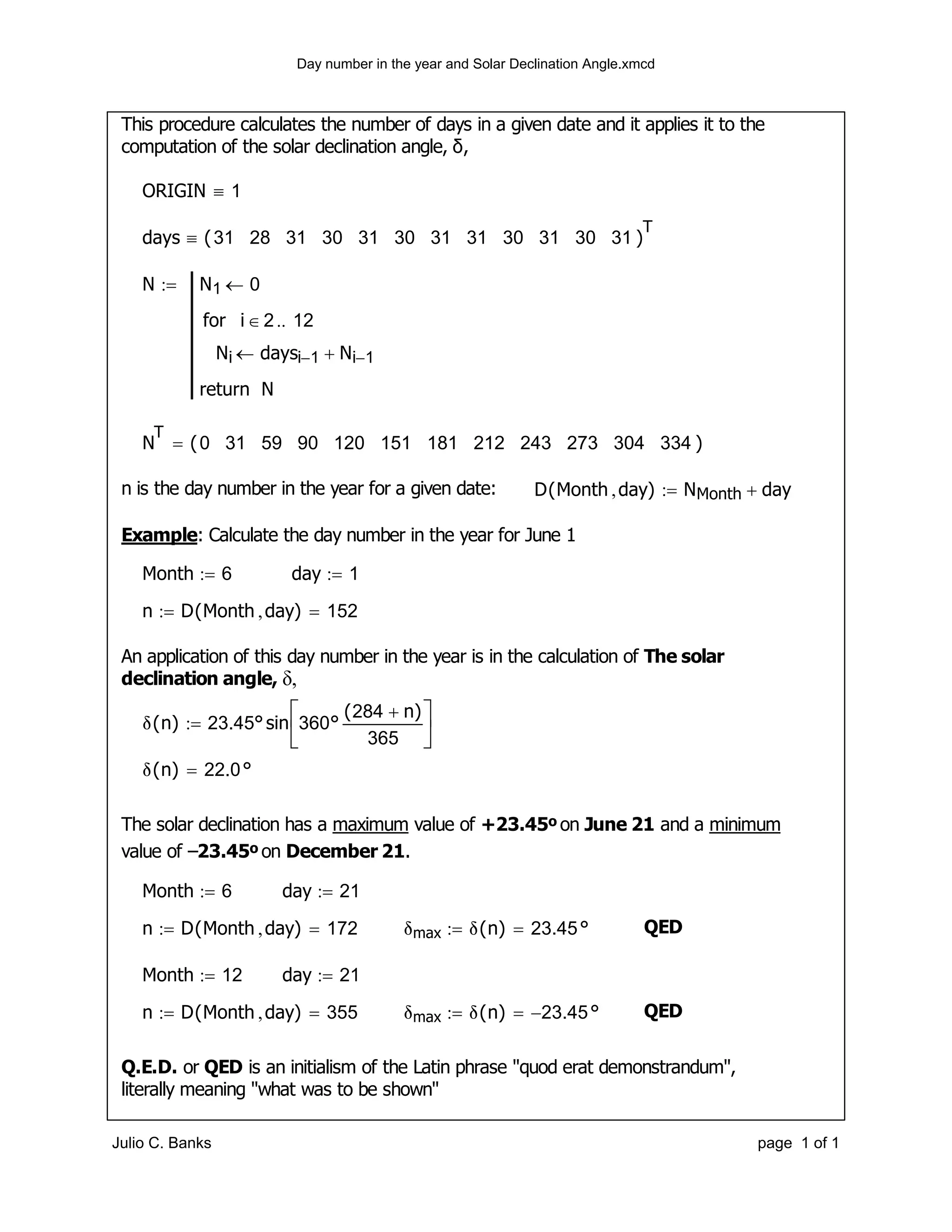 Mathcad day number in the year and solar declination angle | PDF