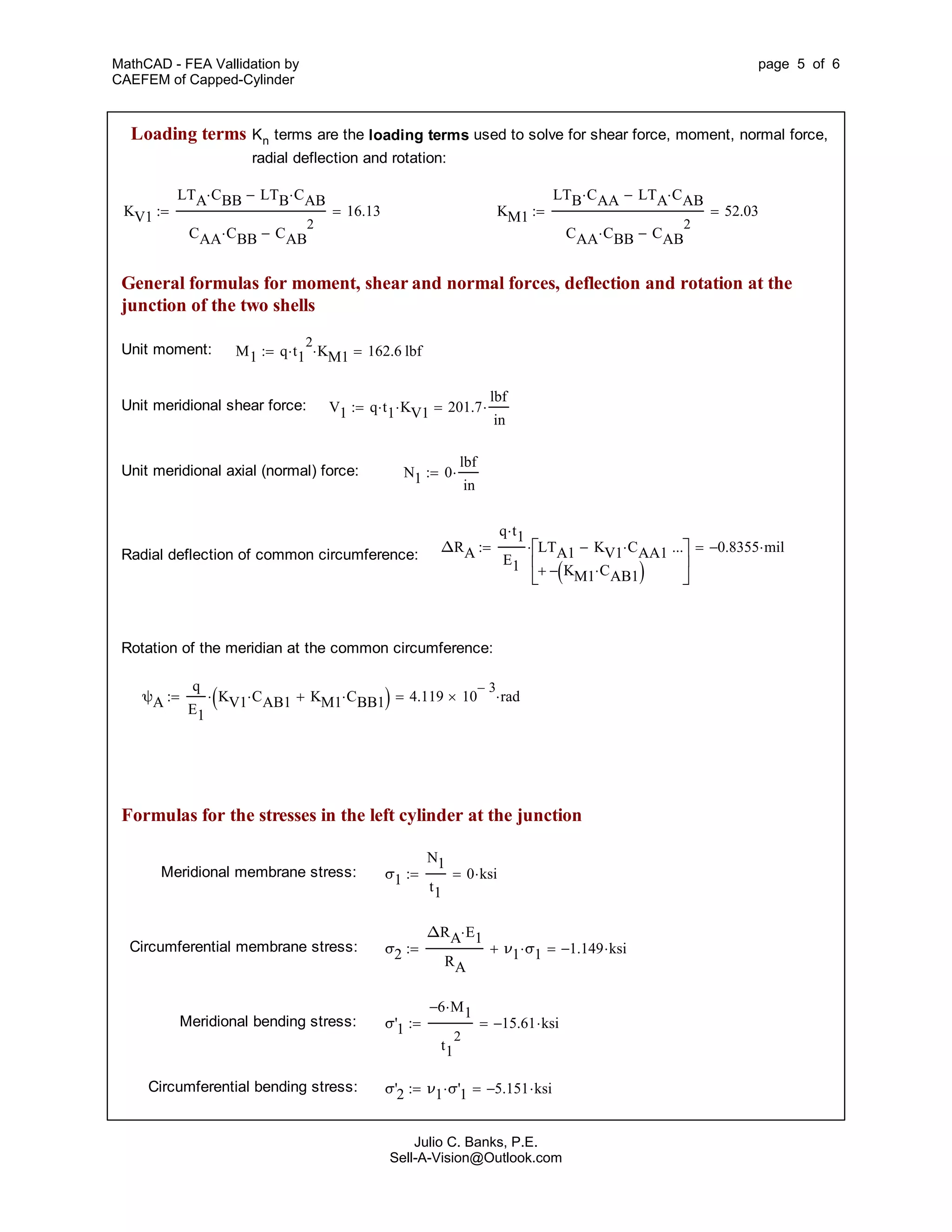 MathCAD FEA vallidation by caefem of capped-cylinder stresses | PDF
