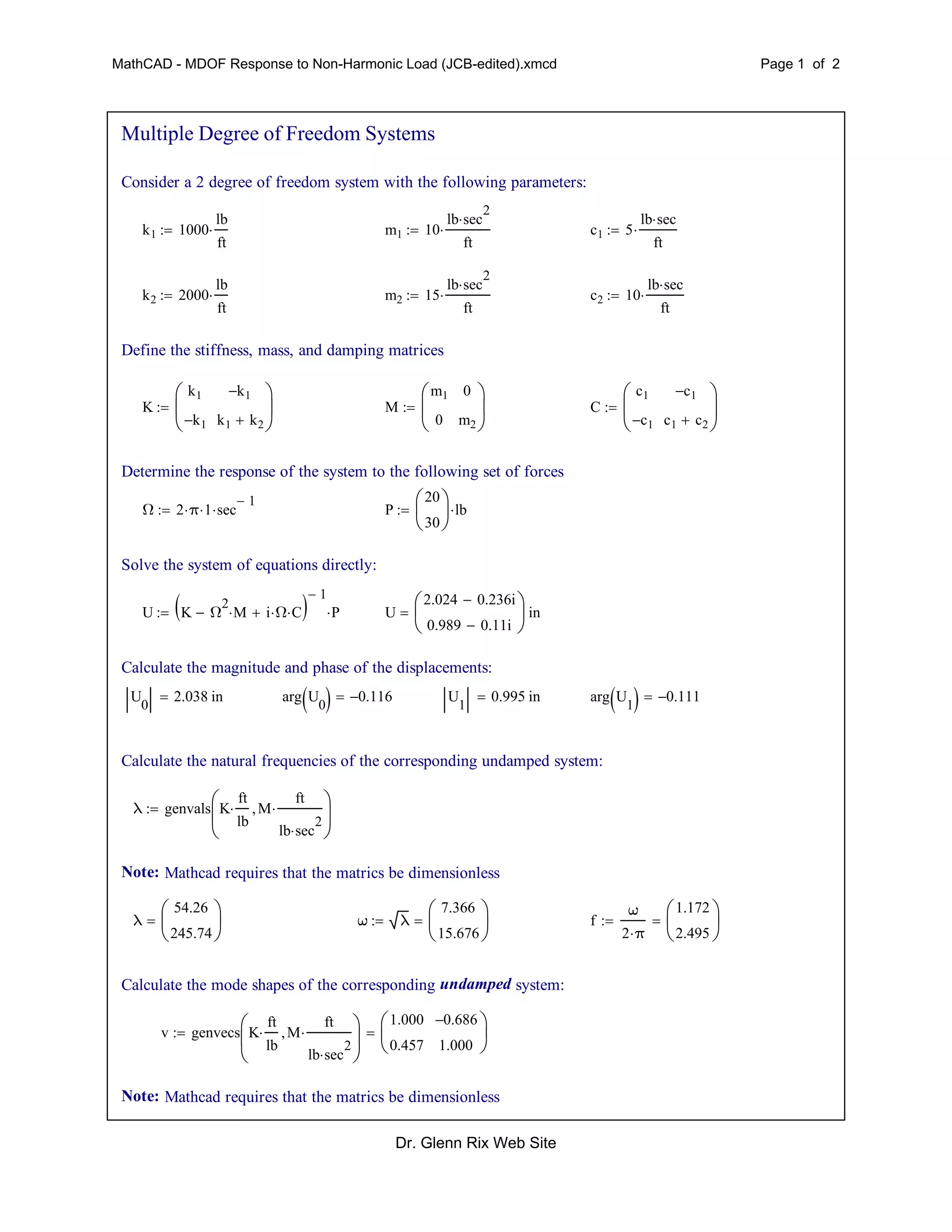 Math cad mdof response to non-harmonic load (jcb-edited) | PDF ...