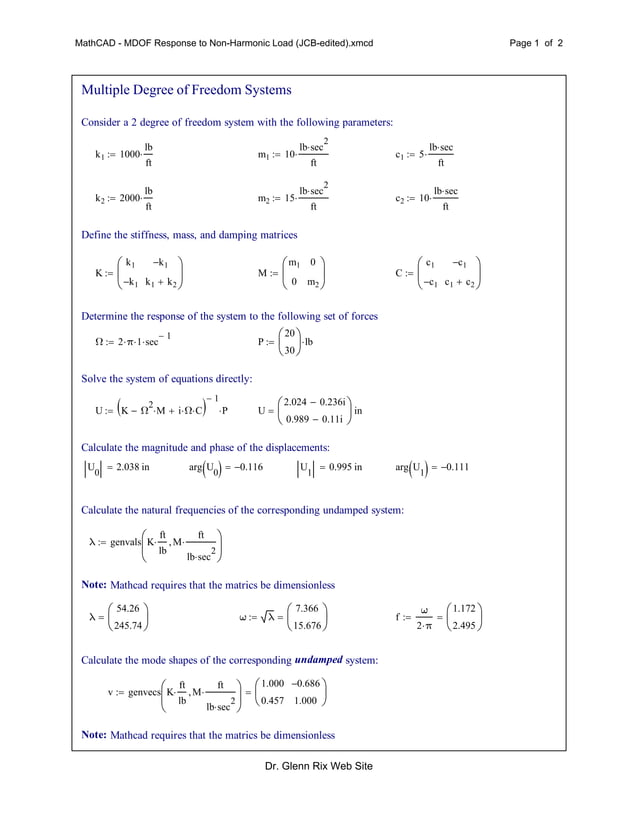 Math cad mdof response to non-harmonic load (jcb-edited) | PDF ...
