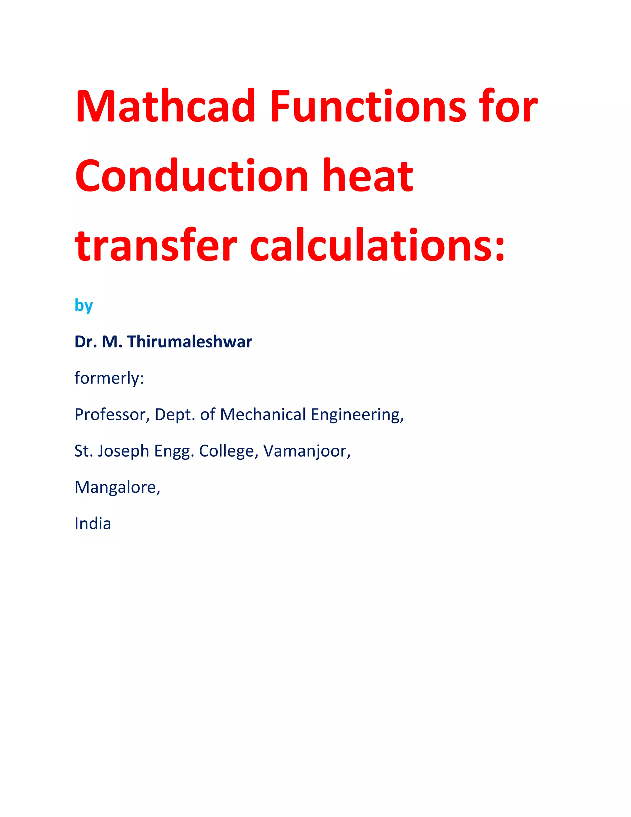 Mathcad Functions for Conduction heat transfer calculations | PDF
