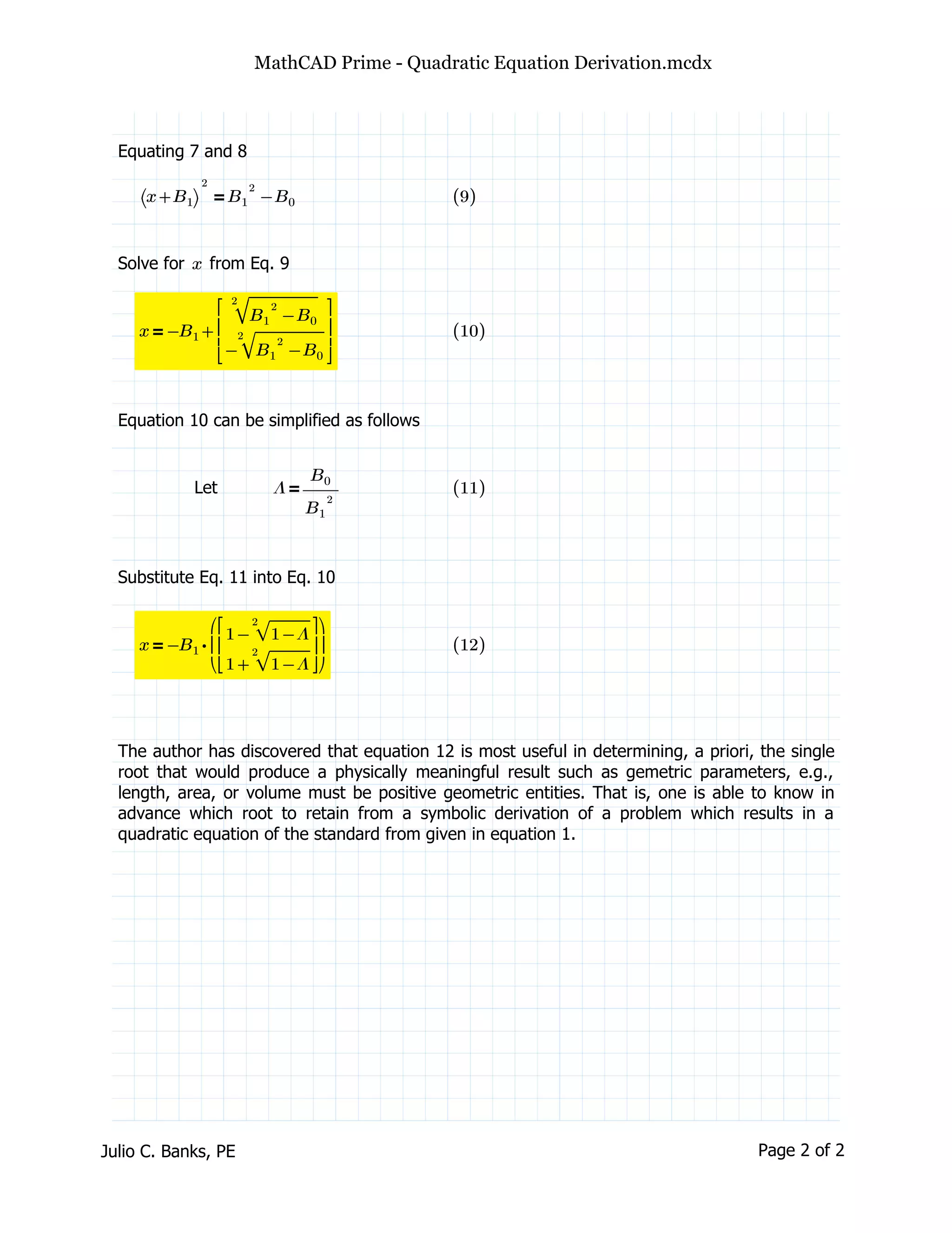 Math cad prime quadratic equation derivation | PDF