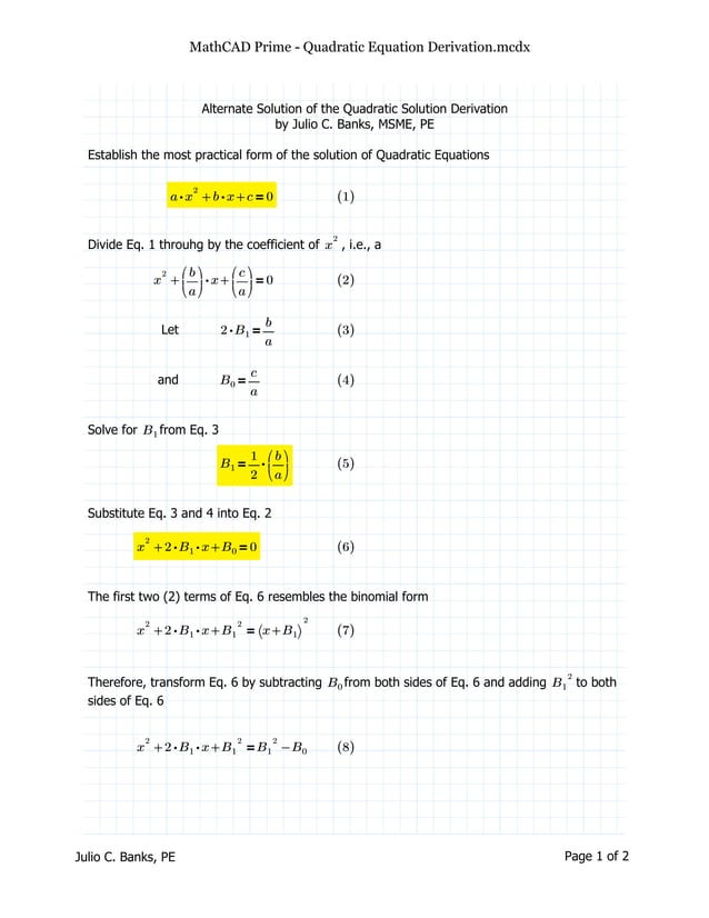 Math cad prime quadratic equation derivation | PDF