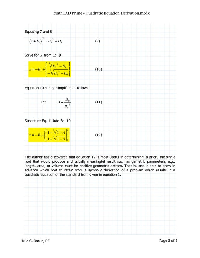 Math cad prime quadratic equation derivation | PDF