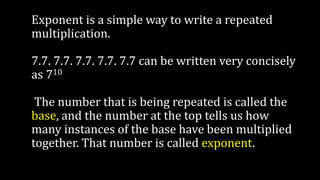 Math chapter 3 exponent and exponents as repeated multiplication | PPTX