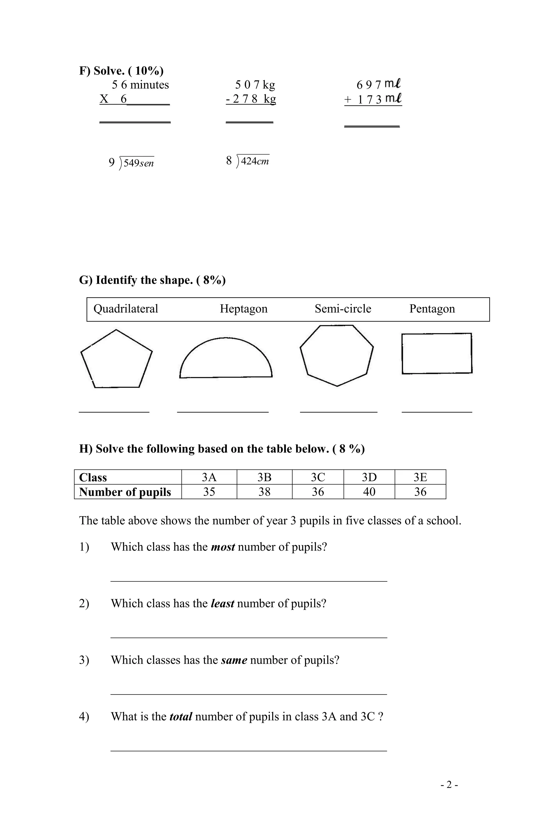 Year 3 Mathematics Exercise | PDF