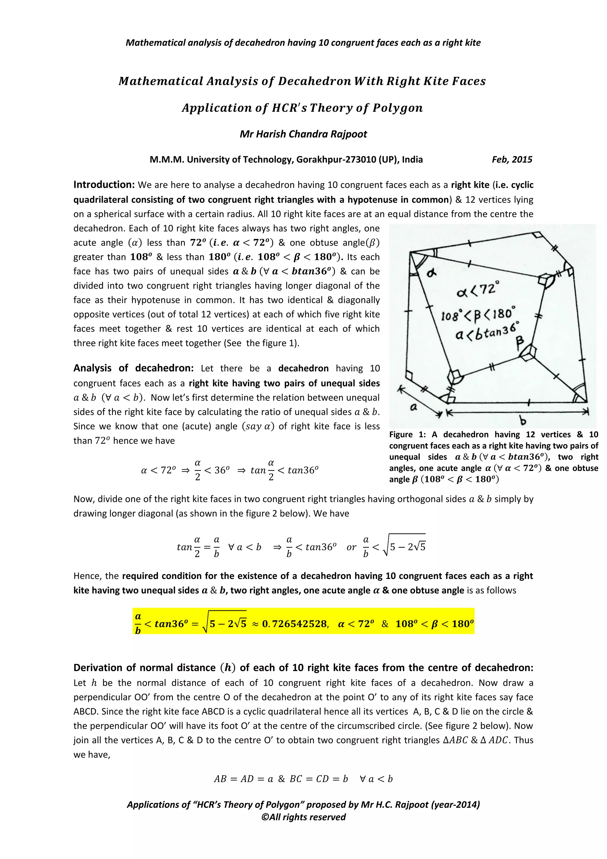 Mathematical analysis of decahedron with 10 congruent faces each as a ...