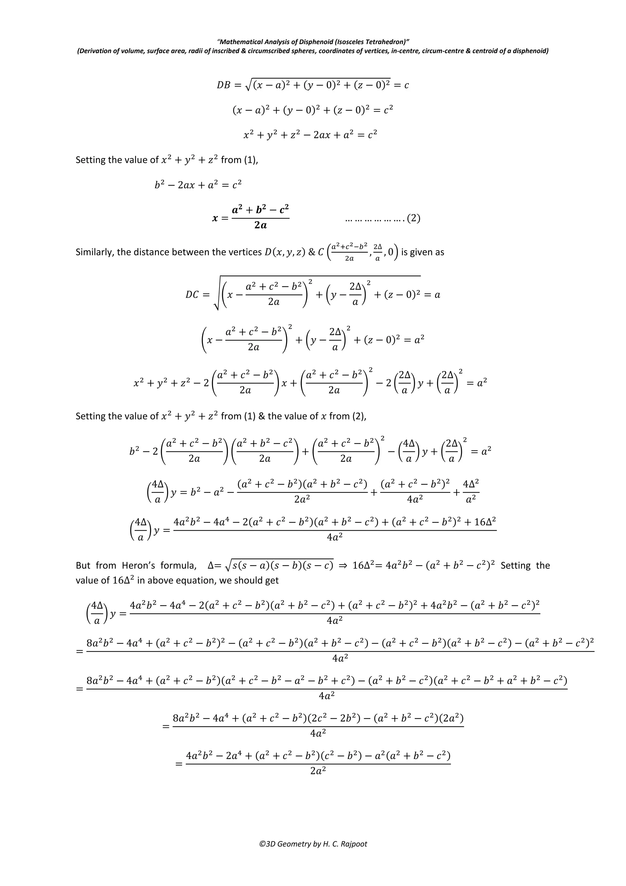 Mathematical analysis of disphenoid (isosceles tetrahedron) (volume ...