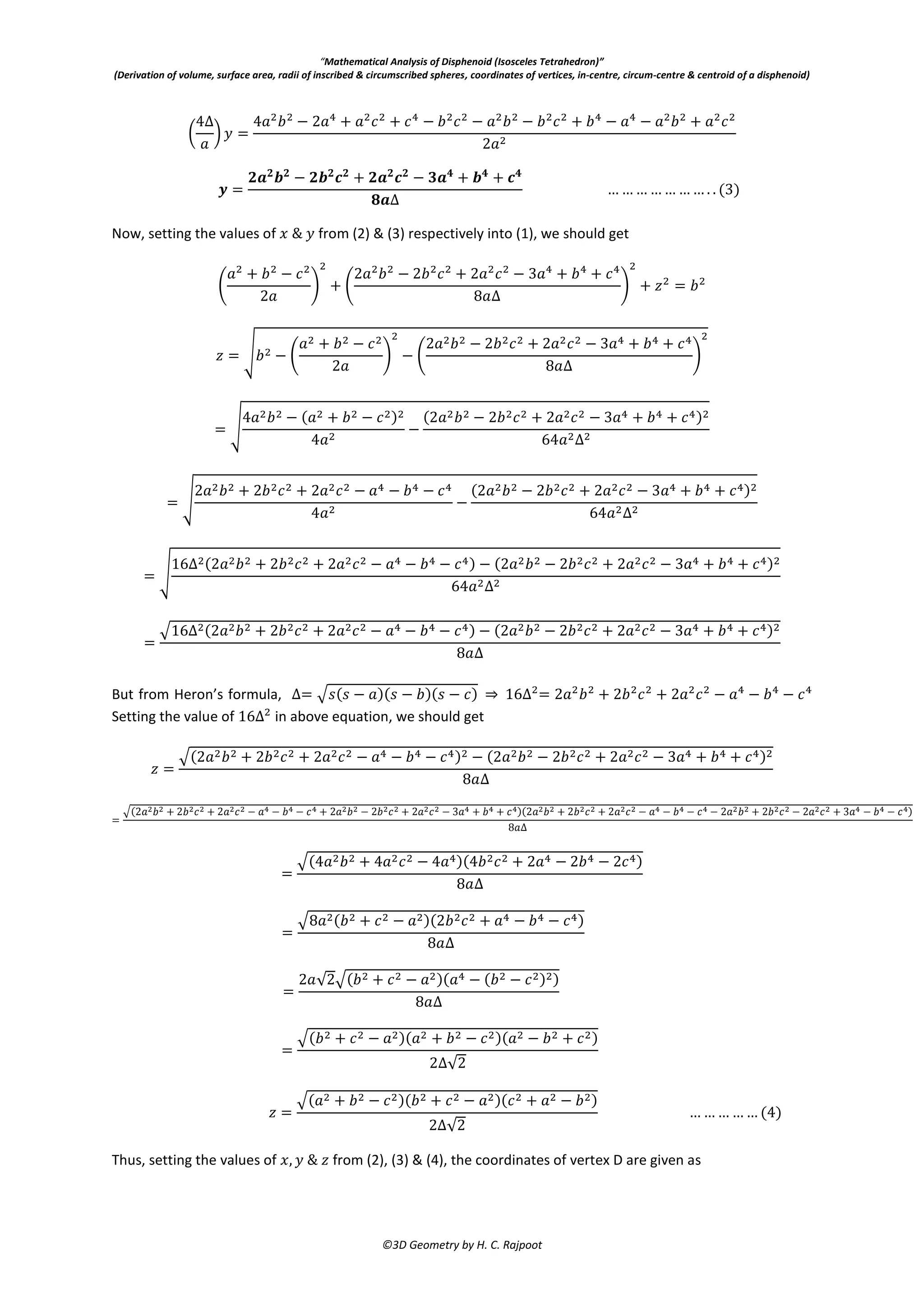 Mathematical analysis of disphenoid (isosceles tetrahedron) (volume ...