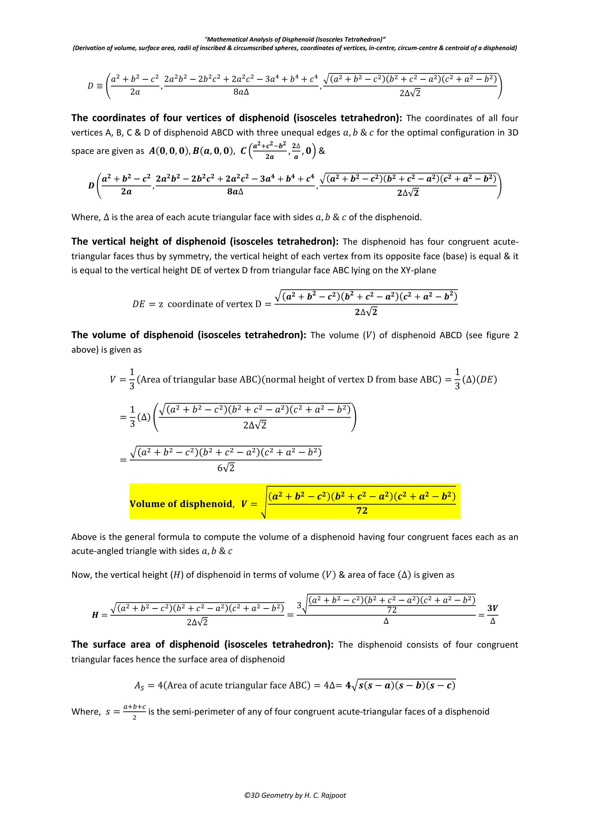 Mathematical analysis of disphenoid (isosceles tetrahedron) (volume ...