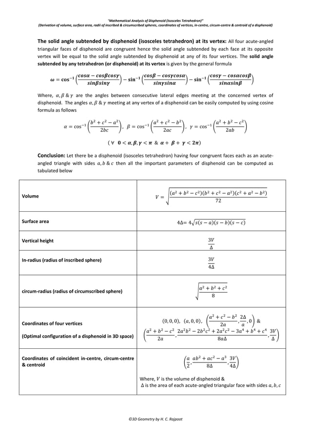Mathematical analysis of disphenoid (isosceles tetrahedron) (volume ...