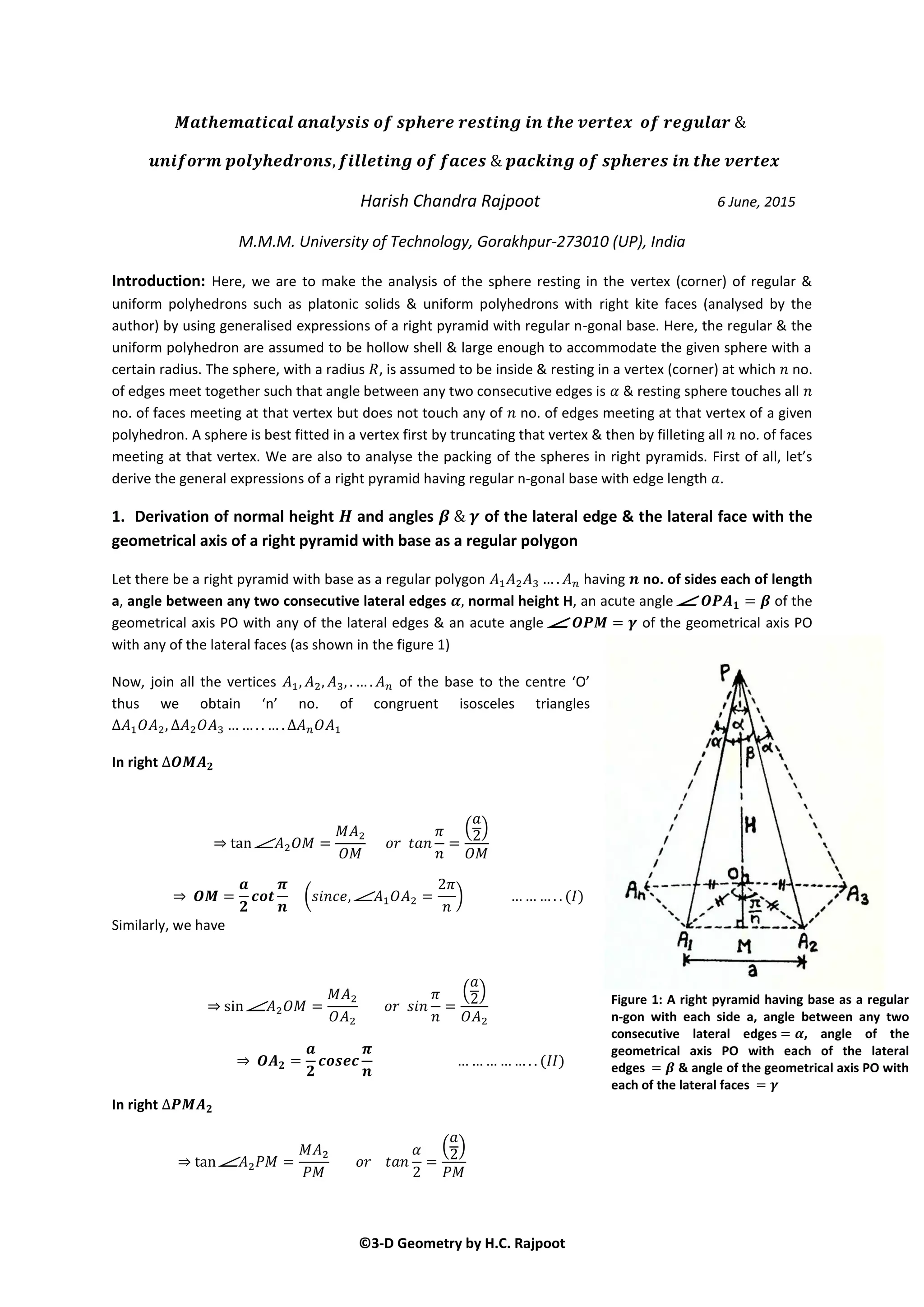 Mathematical analysis of sphere resting in the vertex of polyhedron, filleting of the faces ...