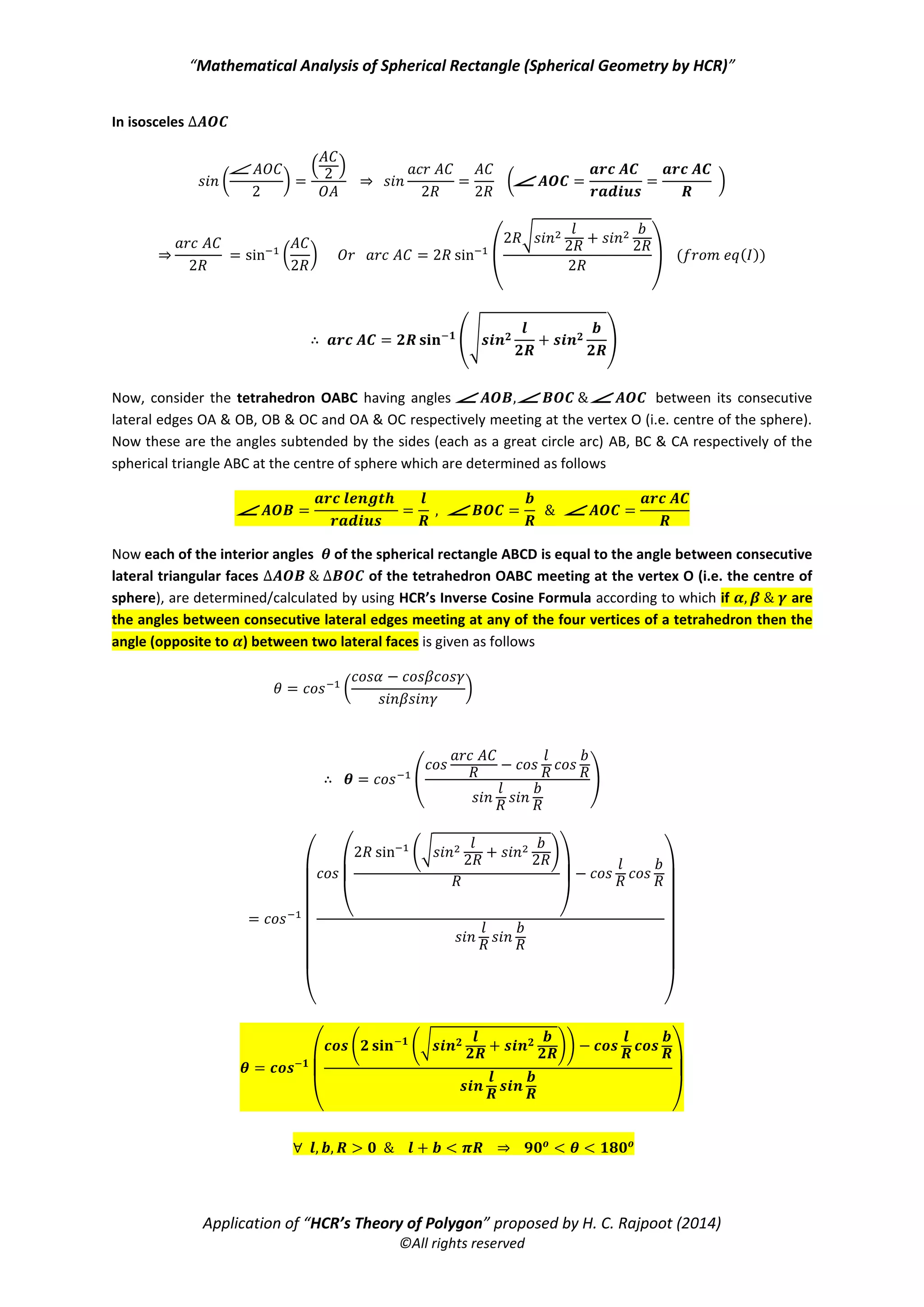 Mathematical Analysis of Spherical Rectangle (Application of HCR's ...