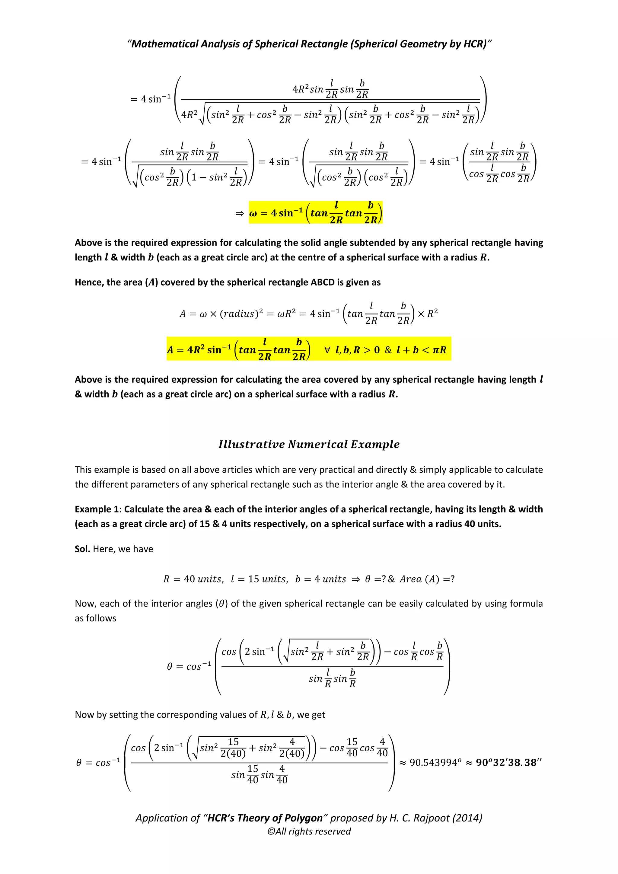 Mathematical Analysis of Spherical Rectangle (Application of HCR's ...