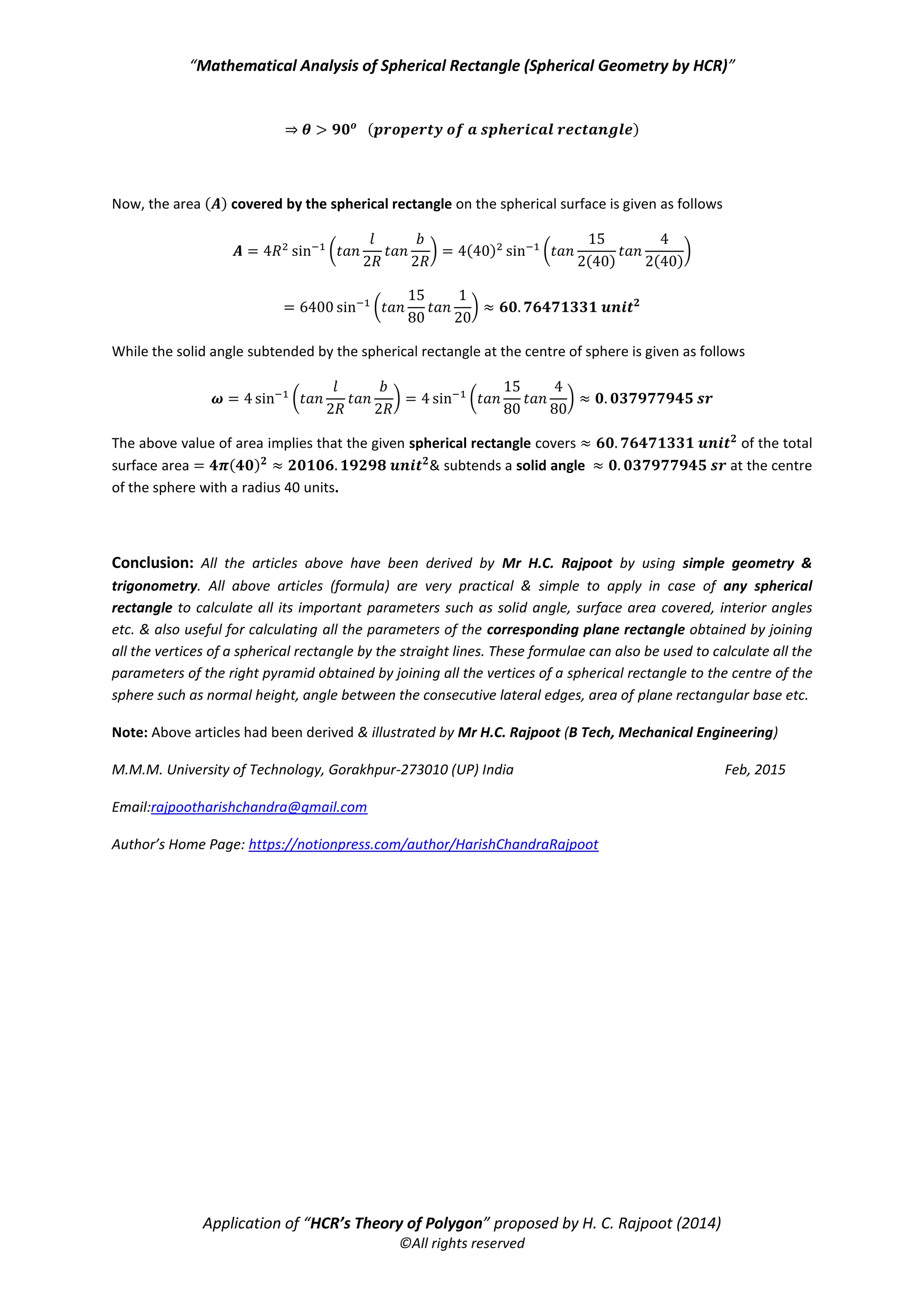 Mathematical Analysis of Spherical Rectangle (Application of HCR's ...