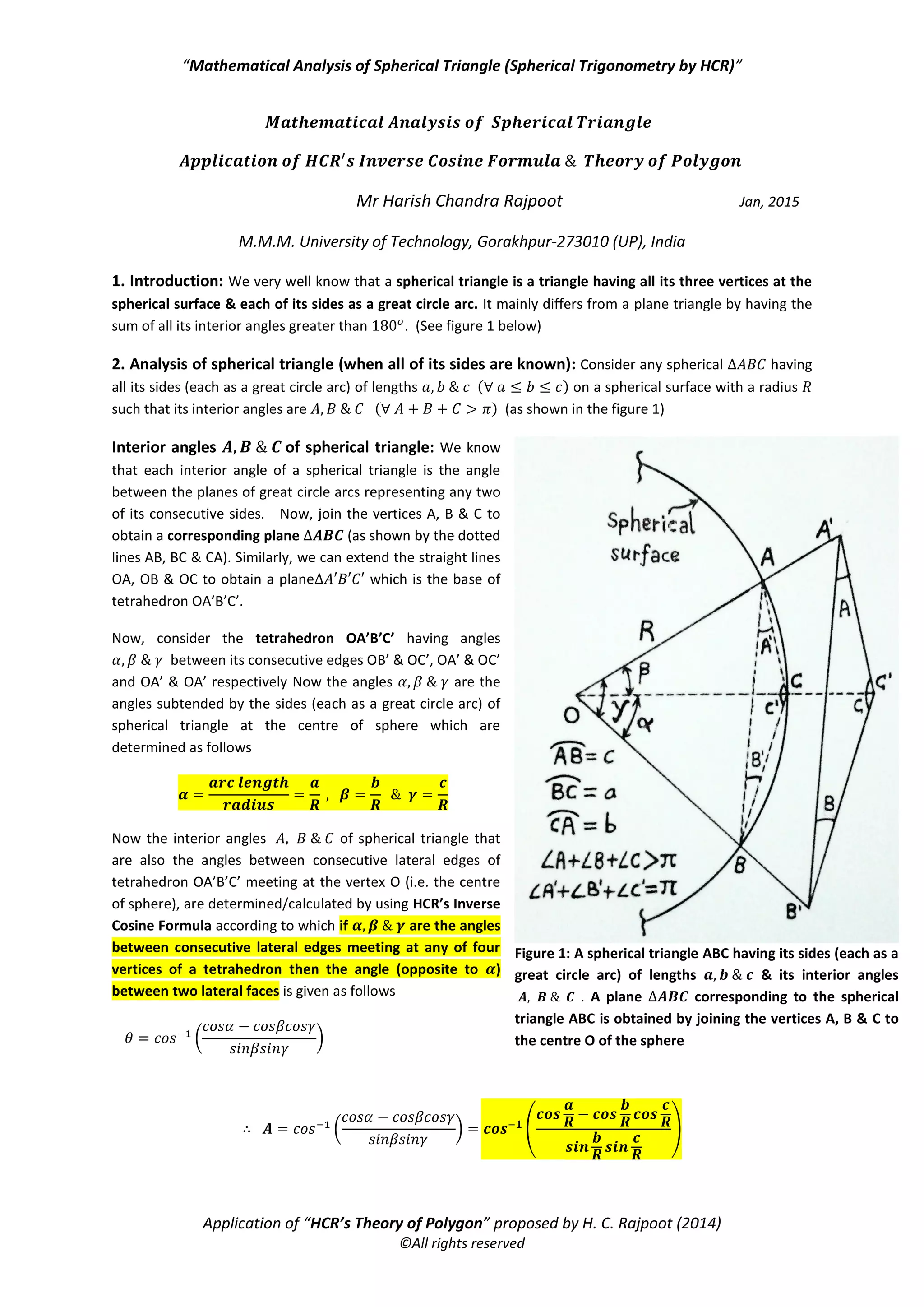 Mathematical Analysis of Spherical Triangle (Spherical Trigonometry by ...