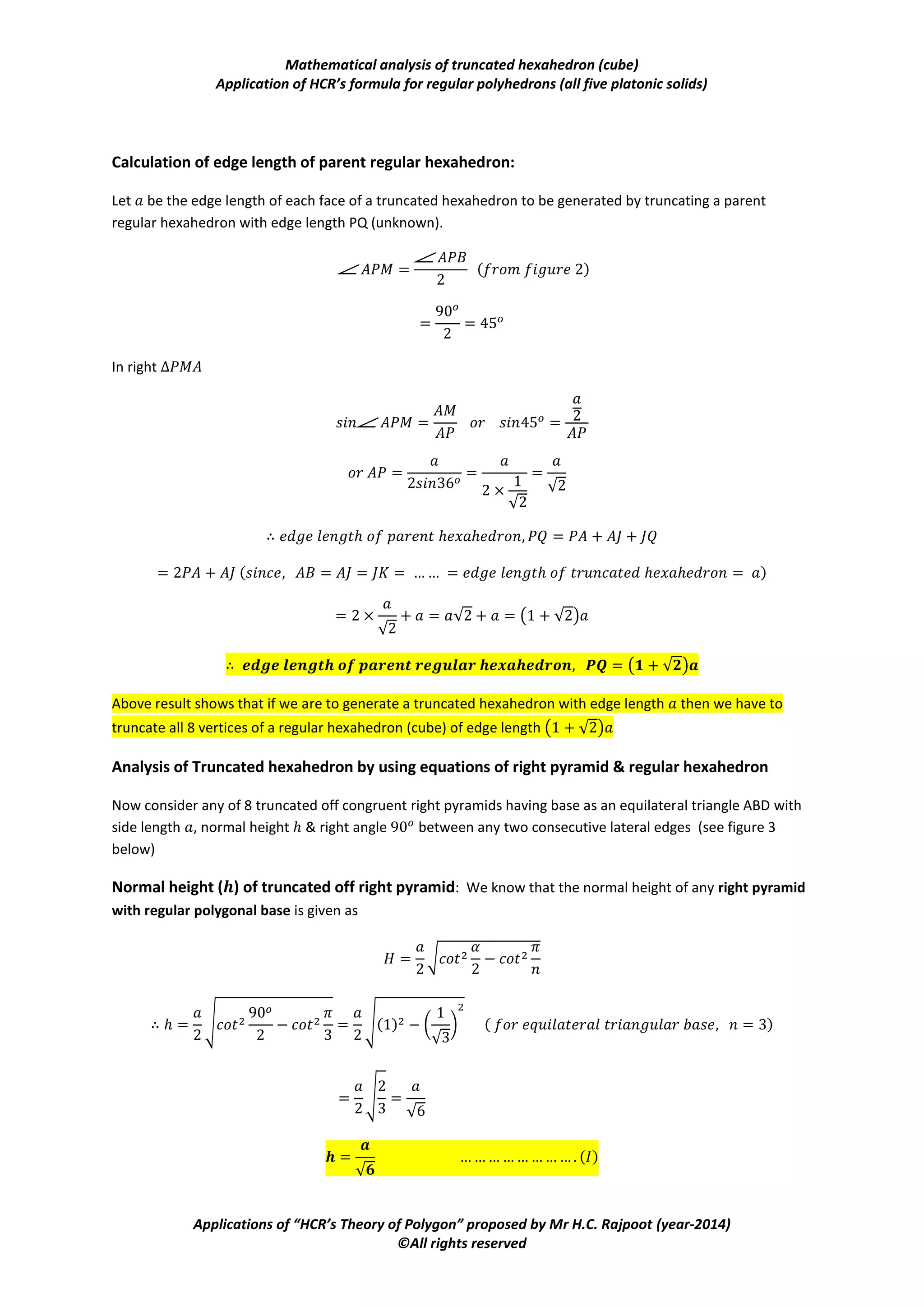 Mathematical analysis of truncated cube/hexahedron | PDF