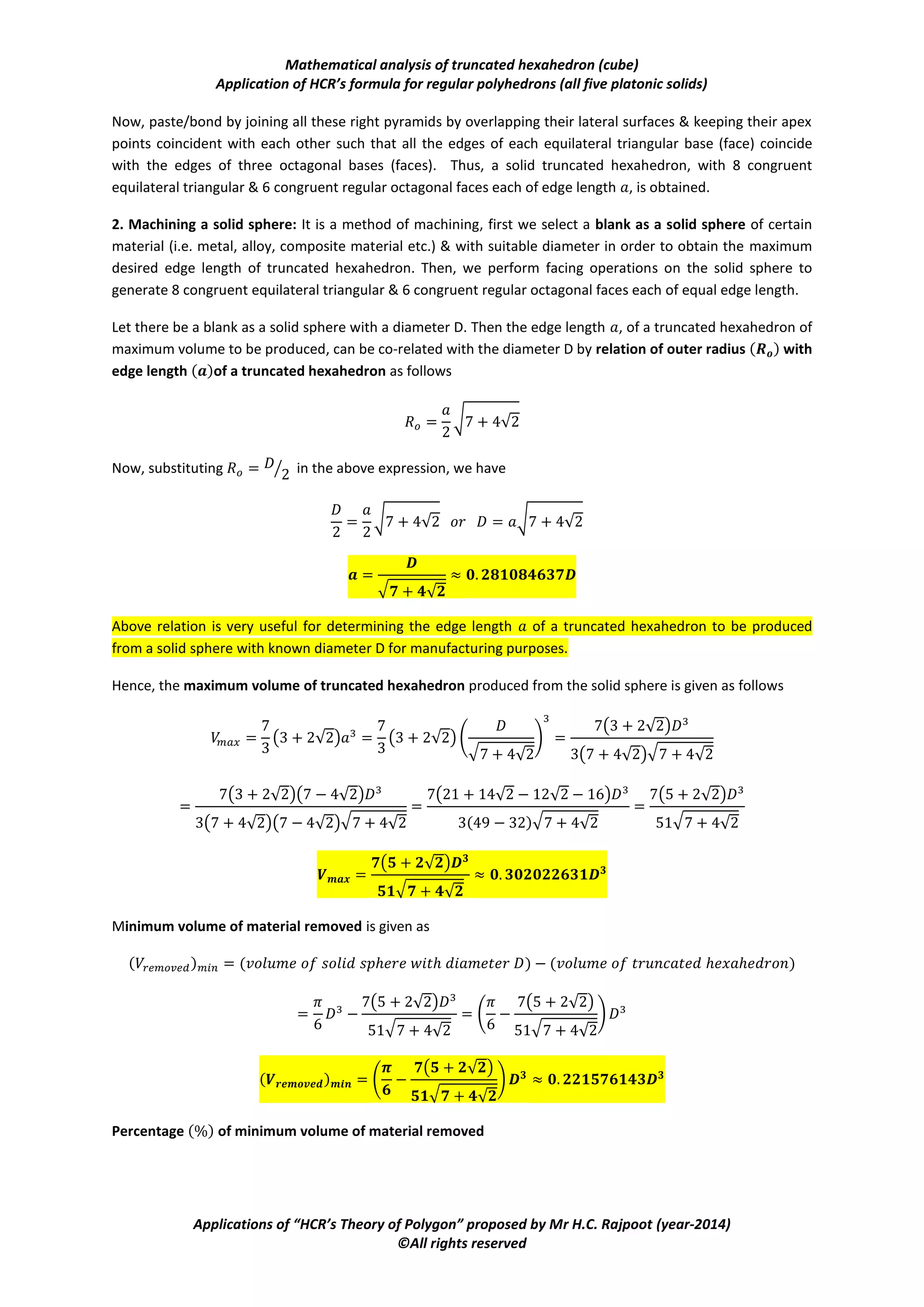 Mathematical analysis of truncated cube/hexahedron | PDF