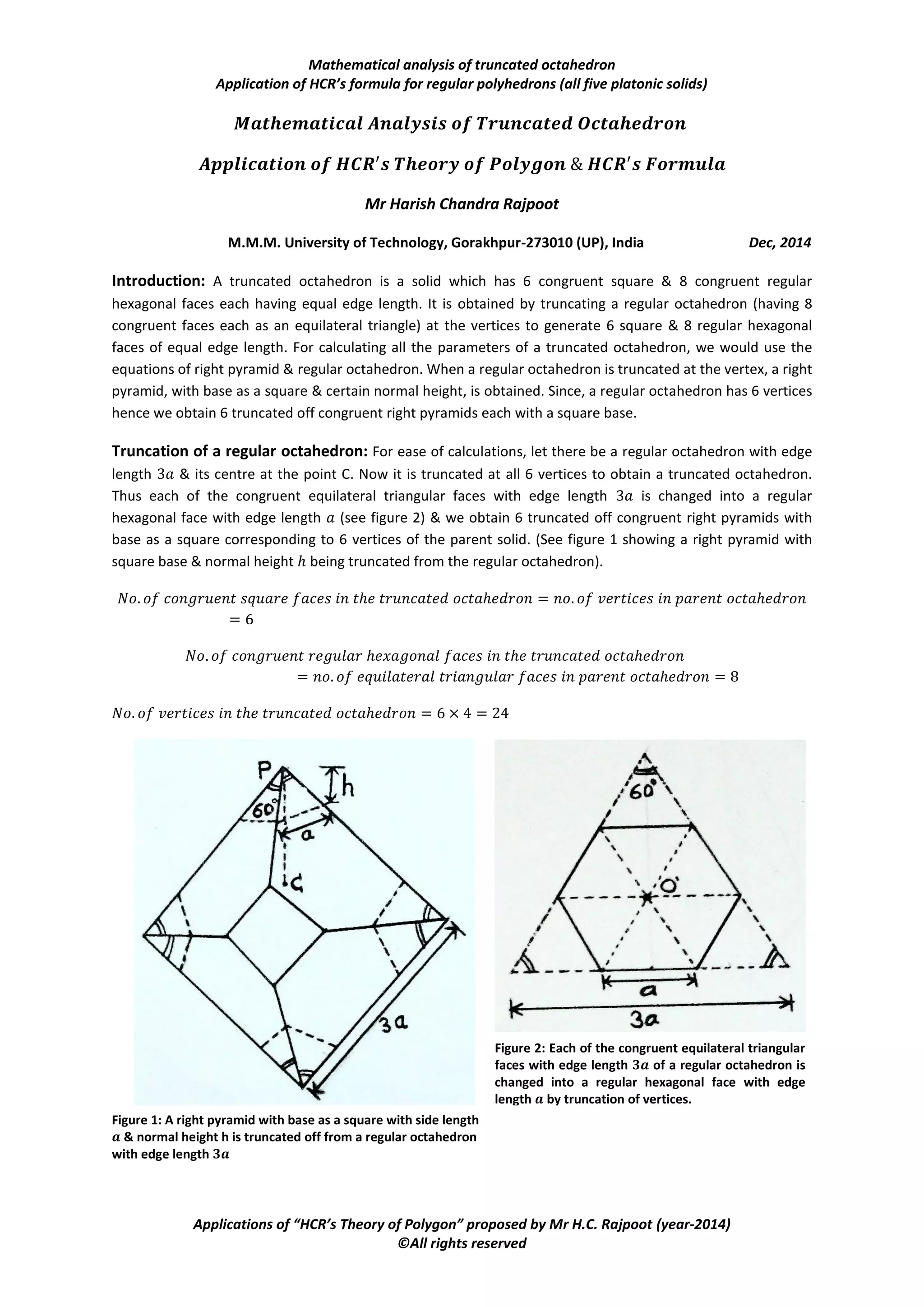 Mathematical analysis of truncated octahedron (Applications of HCR's ...
