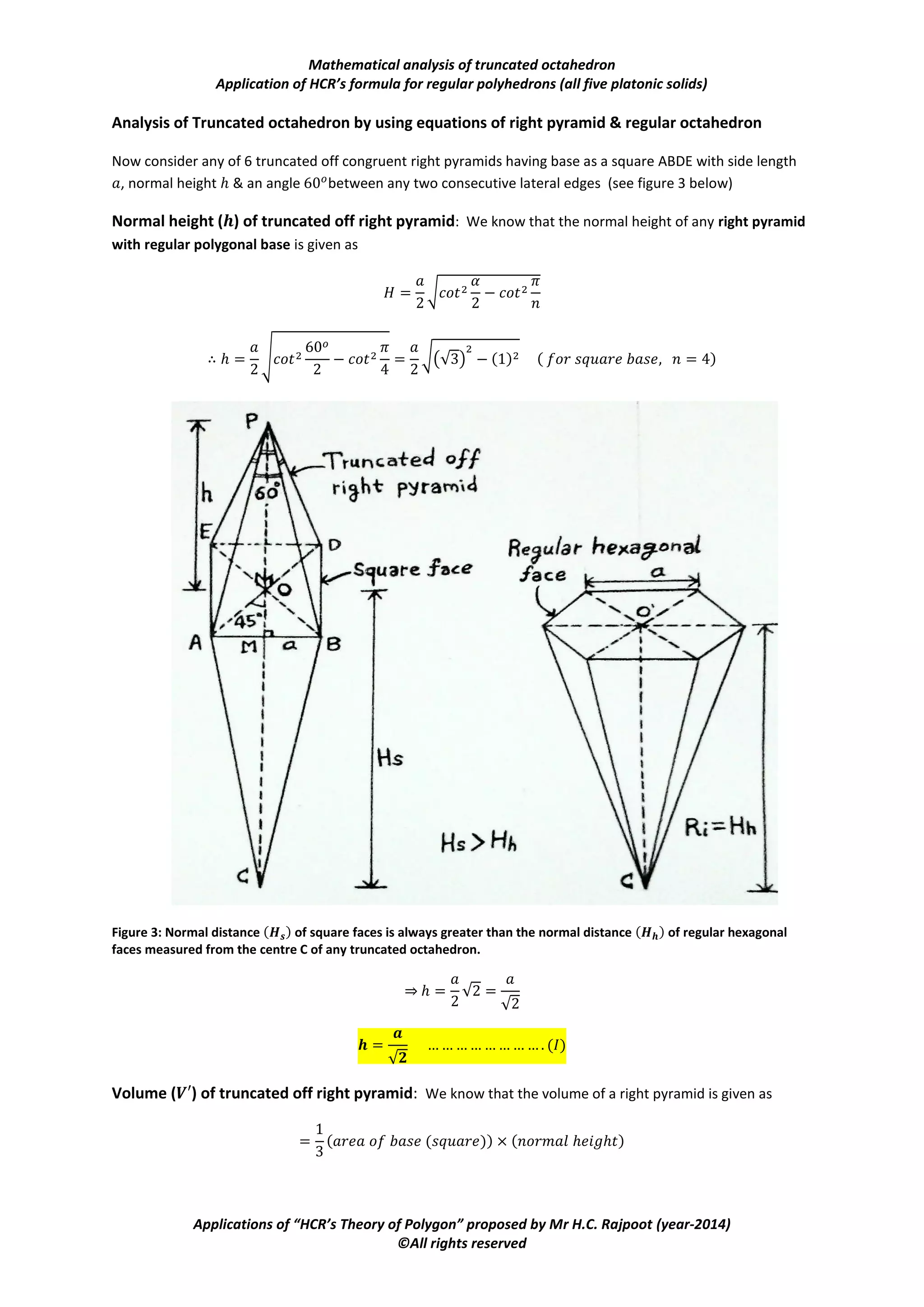 Mathematical analysis of truncated octahedron (Applications of HCR's ...