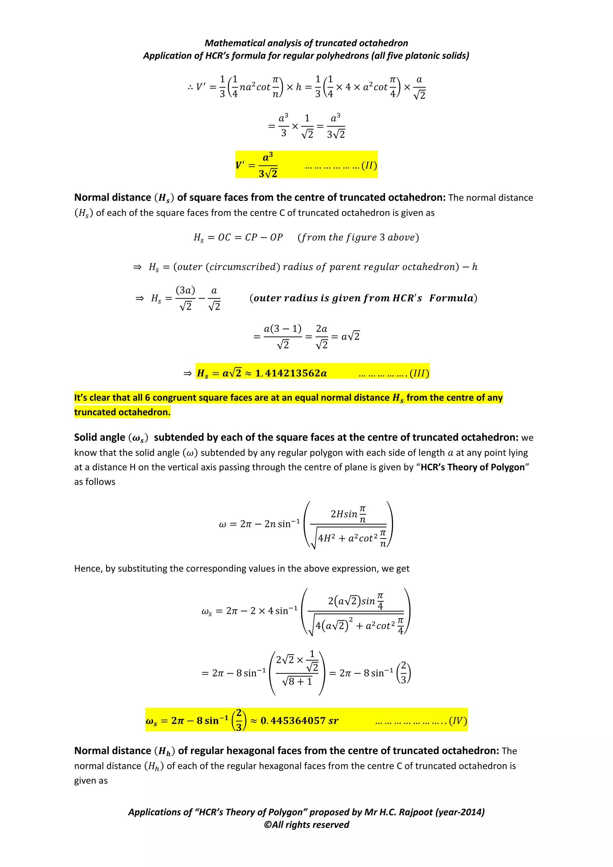 Mathematical analysis of truncated octahedron (Applications of HCR's ...