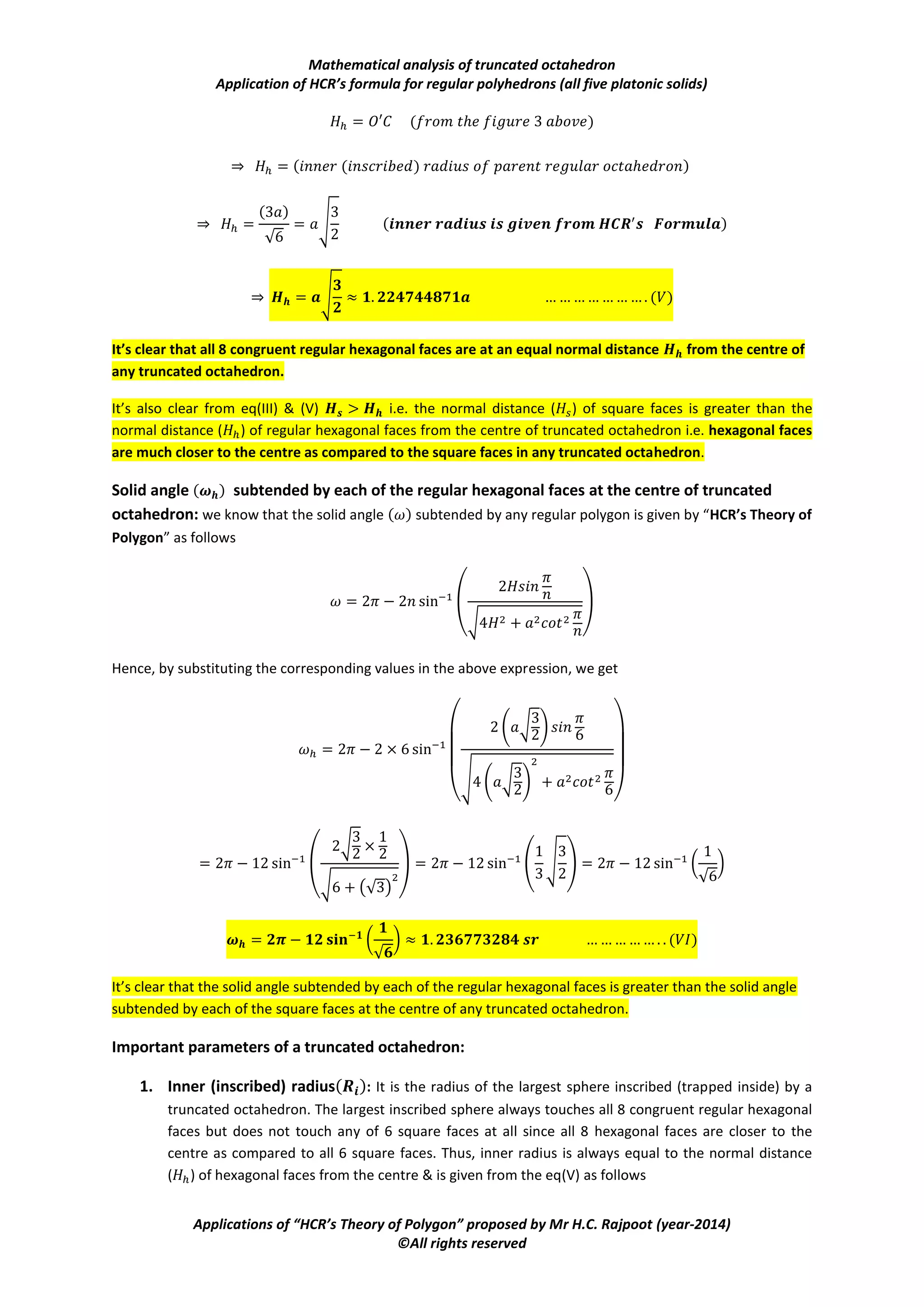 Mathematical analysis of truncated octahedron (Applications of HCR's ...