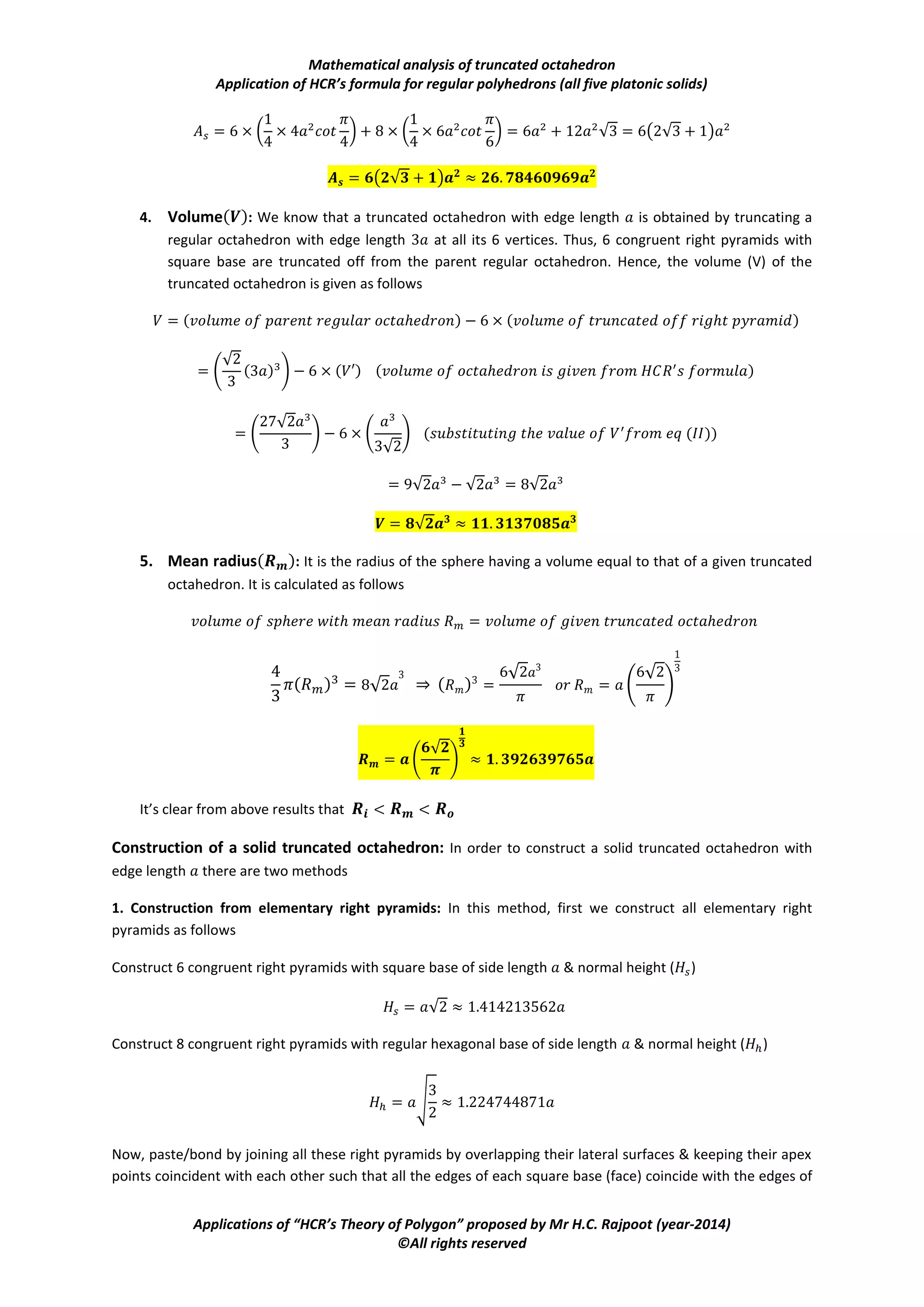 Mathematical analysis of truncated octahedron (Applications of HCR's ...