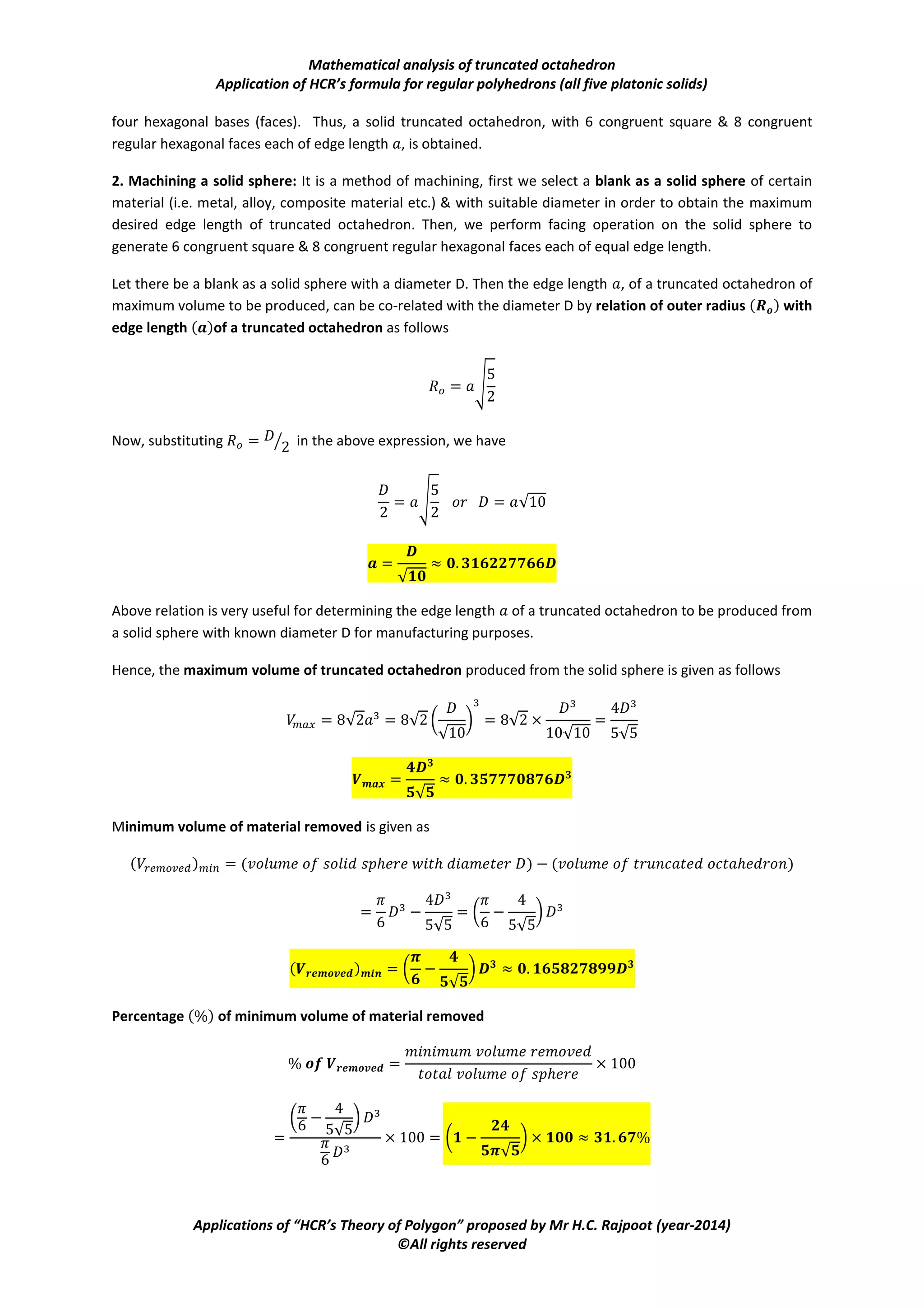 Mathematical analysis of truncated octahedron (Applications of HCR's ...
