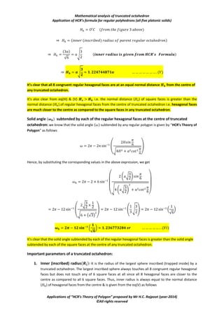 Mathematical analysis of truncated octahedron (Applications of HCR's ...