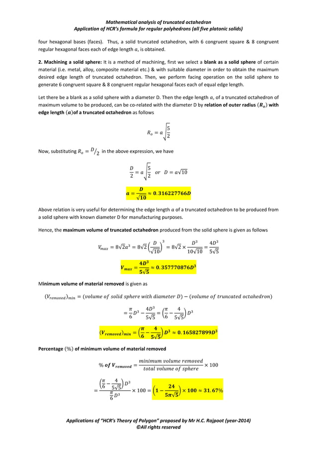 Mathematical analysis of truncated octahedron (Applications of HCR's ...